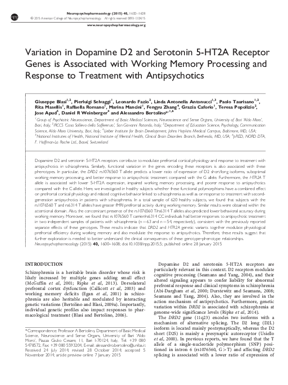 (PDF) Variation in Dopamine D2 and Serotonin 5-HT2A Receptor Genes is ...