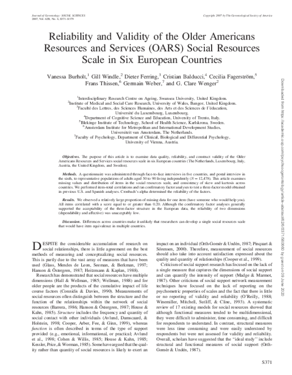 (PDF) Reliability and Validity of the Older Americans Resources and ...