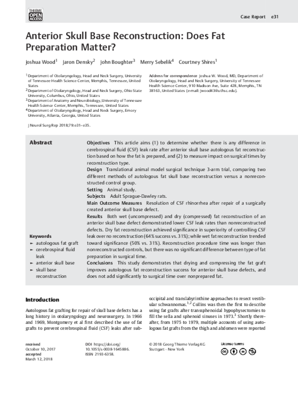 (PDF) Anterior Skull Base Reconstruction: Does Fat Preparation Matter?