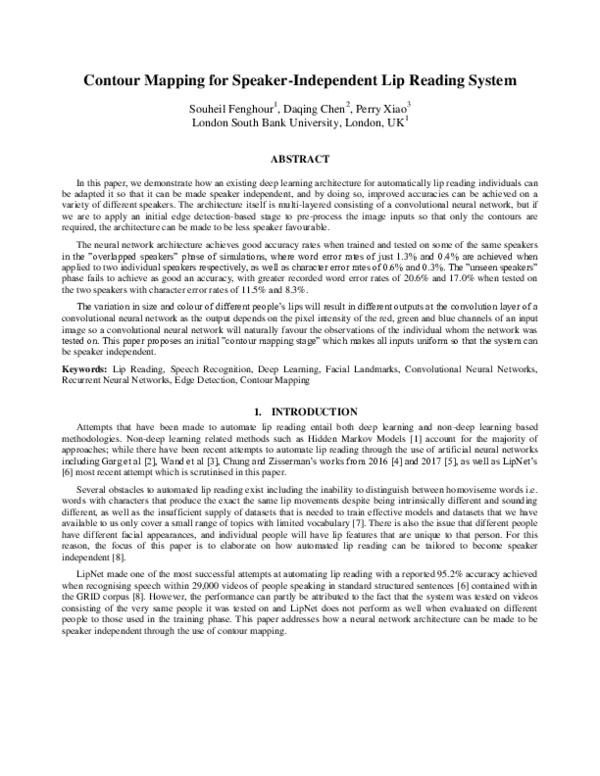 (PDF) Speaker-Independent Lip Reading via Contour Mapping