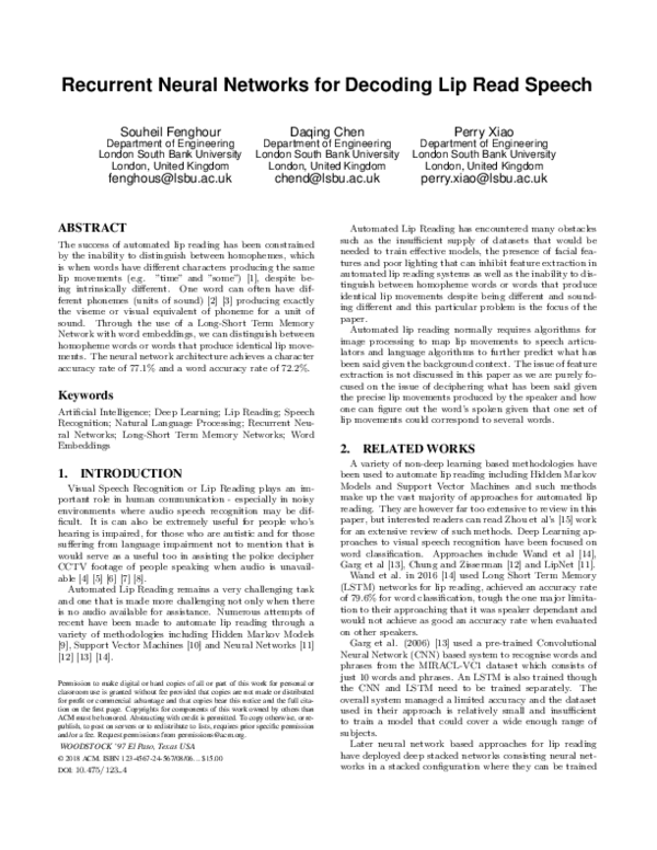 (PDF) Recurrent Neural Networks for Decoding Lip Read Speech