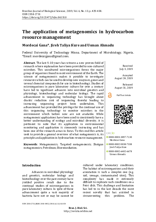 (PDF) The application of metagenomics in hydrocarbon resource management