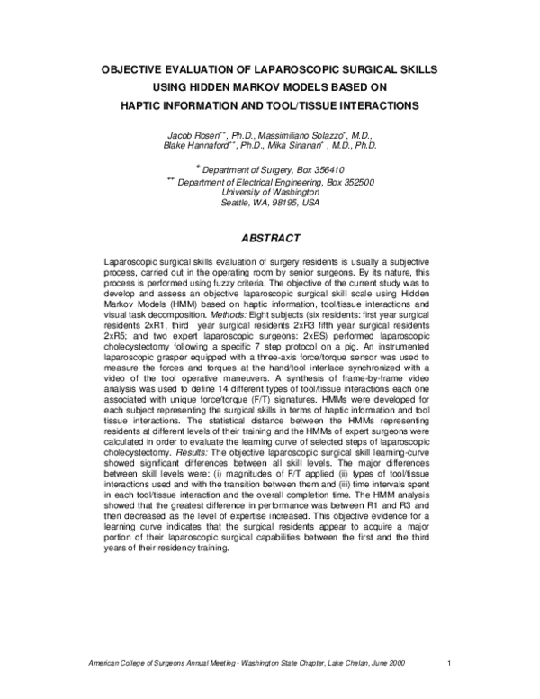 (PDF) Objective HMM-Based Evaluation of Laparoscopic Skills