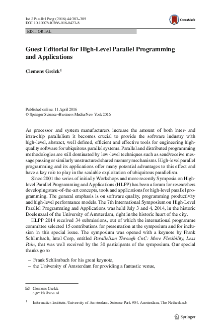 (PDF) Guest Editorial for High-level Parallel Programming and Applications