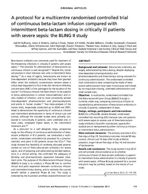 Pdf A Protocol For A Multicentre Randomised Controlled Trial Of Continuous Beta Lactam