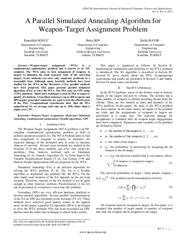 Pdf A Parallel Simulated Annealing Algorithm For Weapon Target Assignment Problem