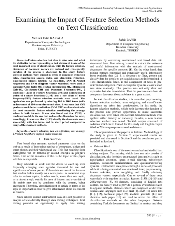 Pdf Examining The Impact Of Feature Selection Methods On Text Classification