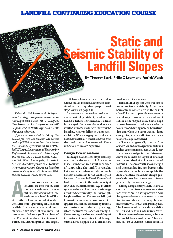 (PDF) Static and seismic stability of landfill slopes