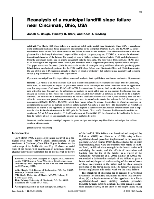 (PDF) Reanalysis of a municipal landfill slope failure near Cincinnati ...