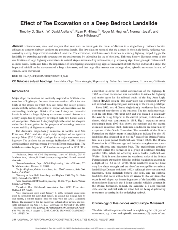 (PDF) Effect of Toe Excavation on a Deep Bedrock Landslide
