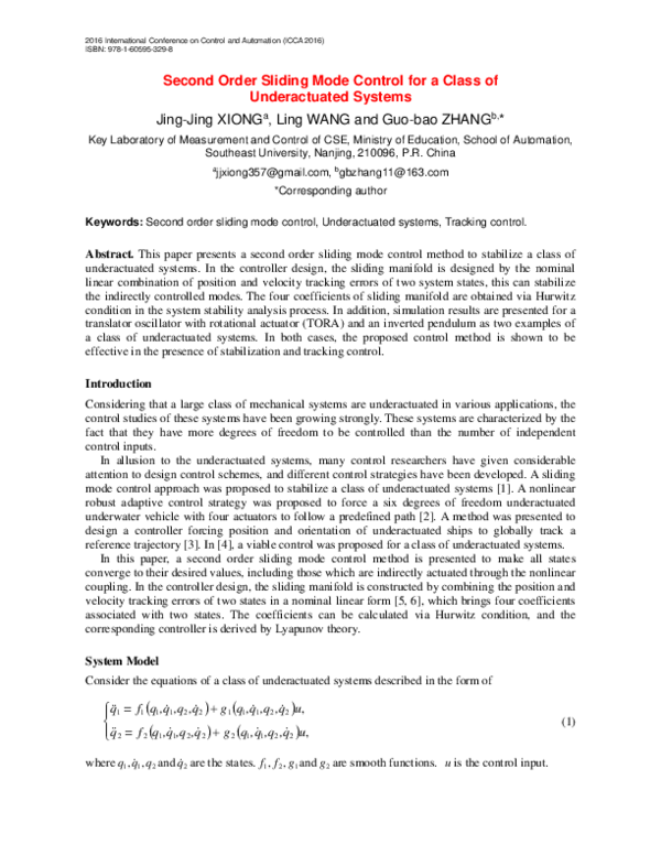 (PDF) Second order sliding mode control for a class of underactuated systems