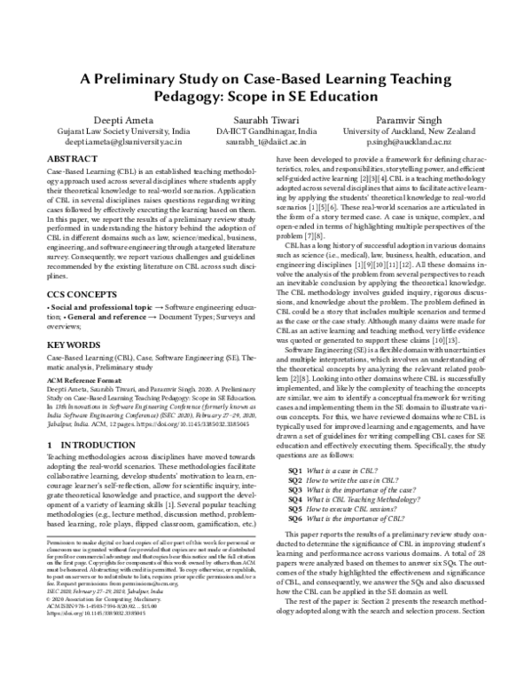 (PDF) A Preliminary Study on Case-Based Learning Teaching Pedagogy