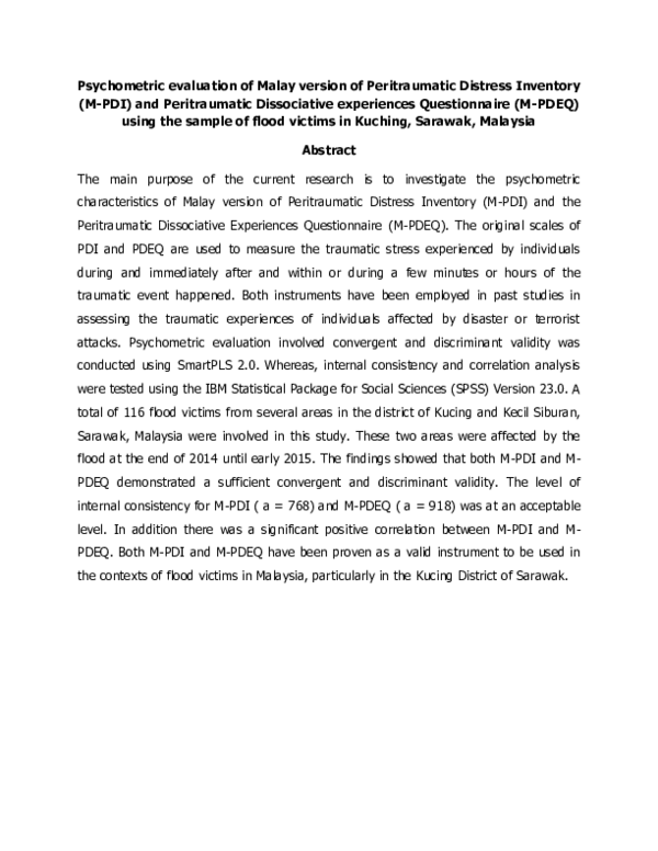 (PDF) Psychometric evaluation of Malay version of Peritraumatic ...