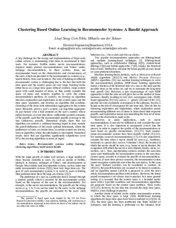 (PDF) Clustering based online learning in recommender systems: A bandit ... (PDF) Clustering based online learning in recommender systems: A bandit ...
