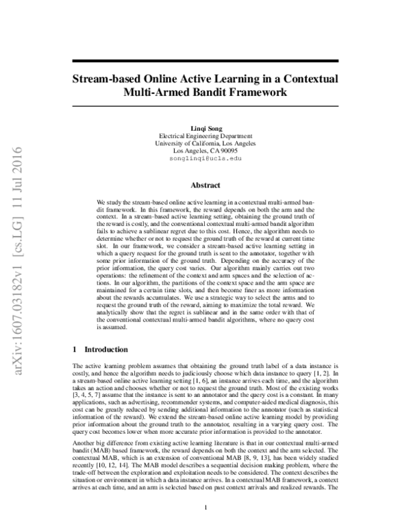 (PDF) Stream-based Online Active Learning in a Contextual Multi-Armed Bandit Framework