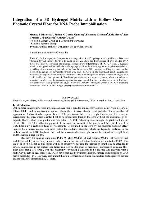 (PDF) Integration of a 3D hydrogel matrix within a hollow core photonic ...