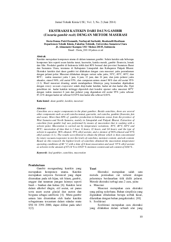(PDF) EKSTRAKSI KATEKIN DARI DAUN GAMBIR (Uncaria gambir roxb) DENGAN ...