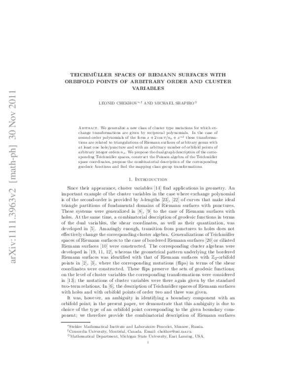 (PDF) Teichmuller Spaces of Riemann Surfaces with Orbifold Points of Arbitrary Order and Cluster ...