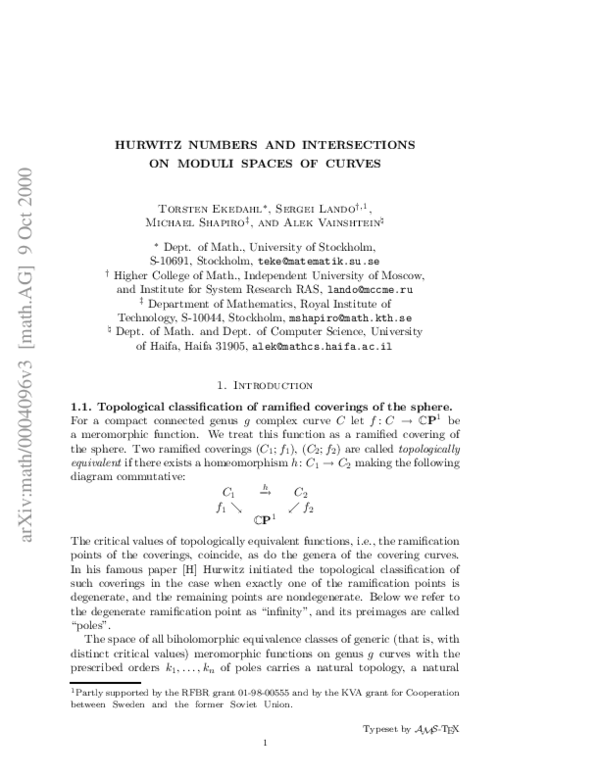 (PDF) Hurwitz numbers and intersections on moduli spaces of curves