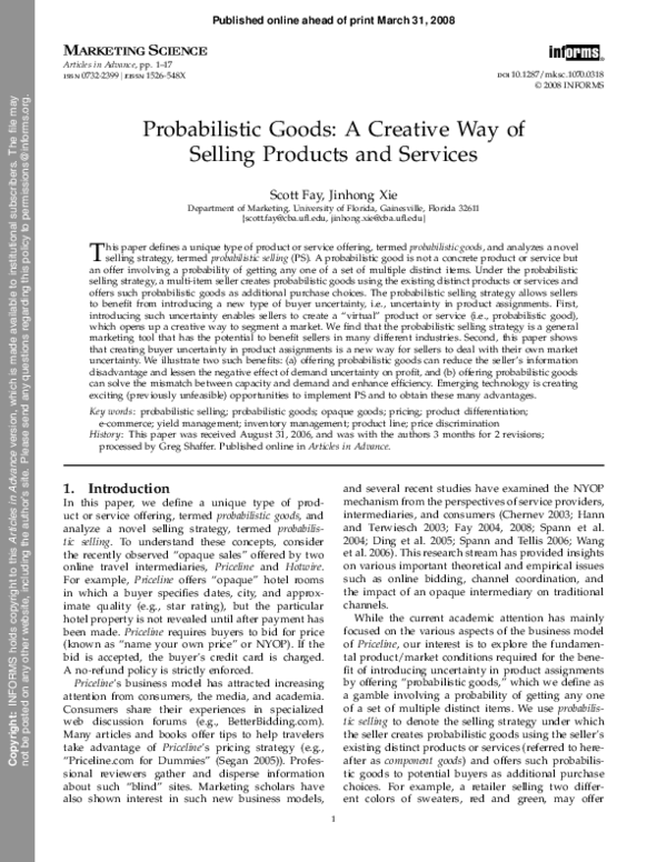 (PDF) Probabilistic Goods: A Creative Way of Selling Products and Services