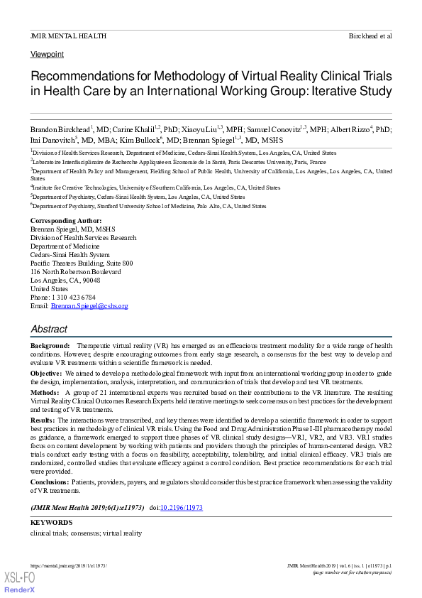 (PDF) Recommendations for Methodology of Virtual Reality Clinical ...