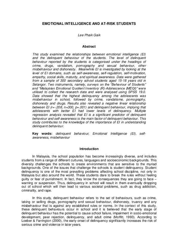 (PDF) Emotional Intelligence and At-Risk Students