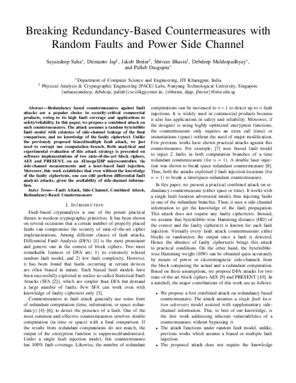 (PDF) Breaking Redundancy-Based Countermeasures with Random Faults and Power Side Channel