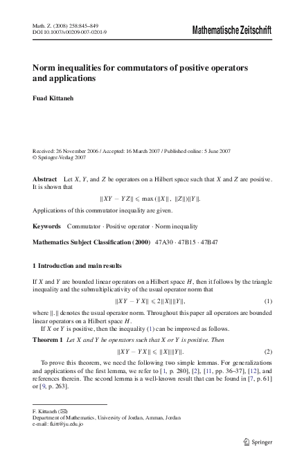 Pdf Norm Inequalities For Commutators Of Positive Operators And Applications