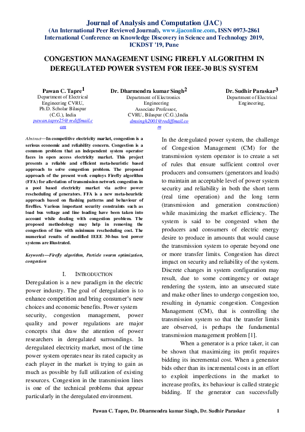 (PDF) Congestion Management Using Firefly Algorithm in Deregulated Power System for IEEE-30 Bus ...