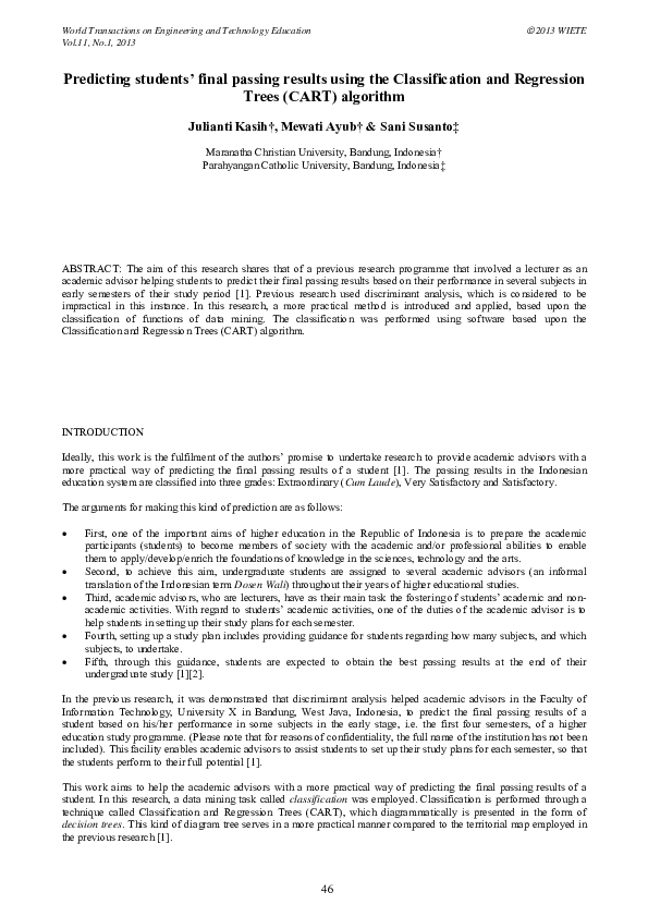 (PDF) Predicting students’ final passing results using the Classification and Regression Trees ...