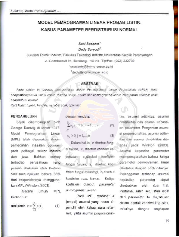 (PDF) Model Pemrograman Linier Probabilistik: Kasus Parameter ...