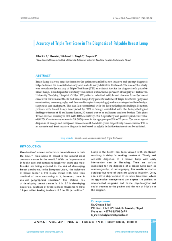 (PDF) Accuracy of triple test score in the diagnosis of palpable breast ...