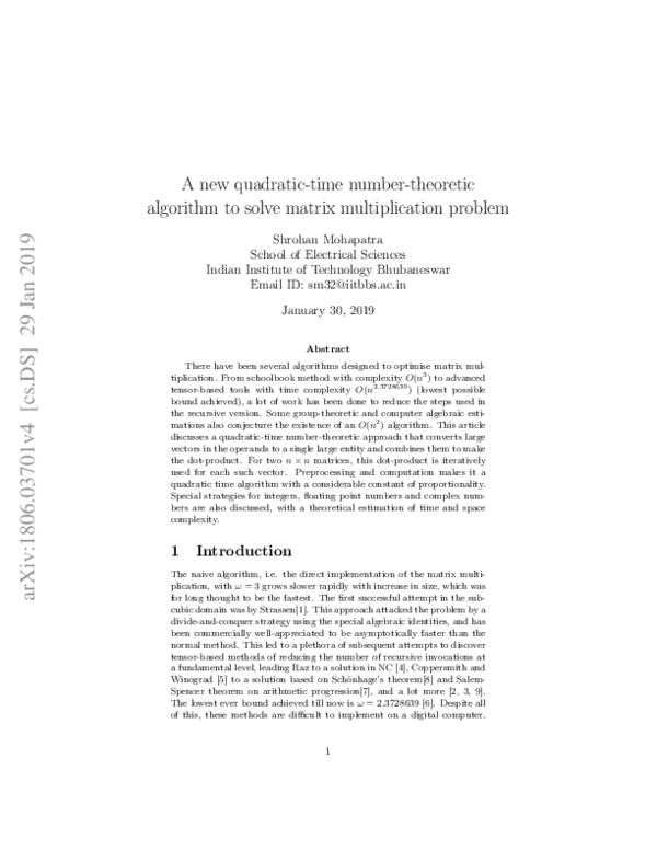 (PDF) A new quadratic-time number-theoretic algorithm to solve matrix multiplication problem