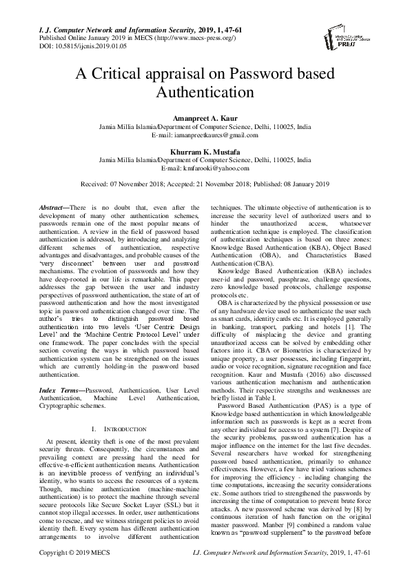 (PDF) A Critical appraisal on Password based Authentication