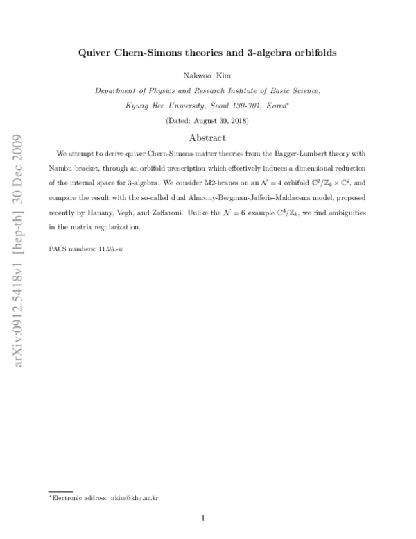 (PDF) Quiver Chern–Simons theories and 3-algebra orbifolds