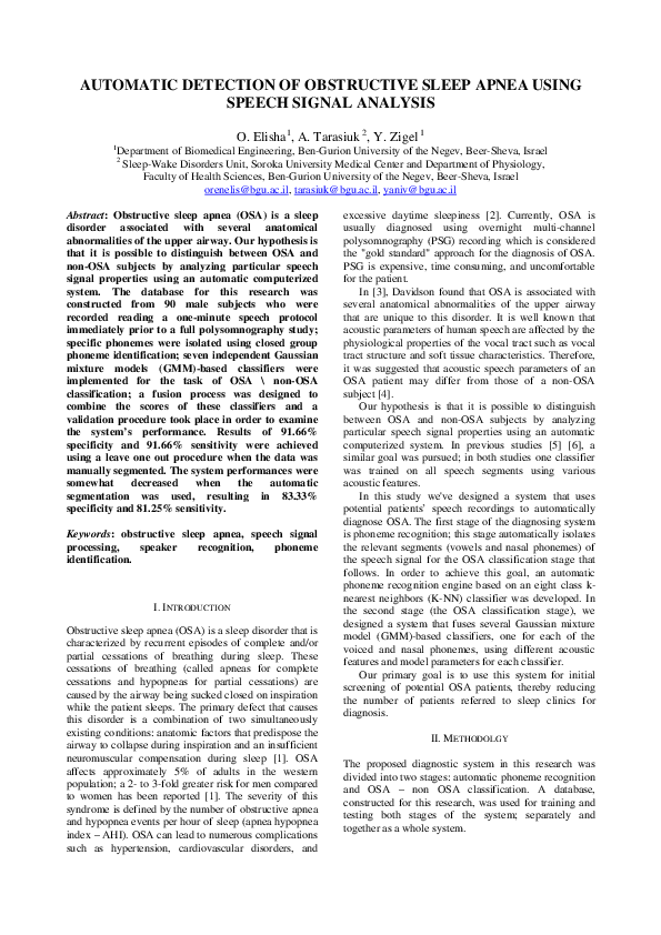 (PDF) Detection of obstructive sleep apnea using speech signal analysis