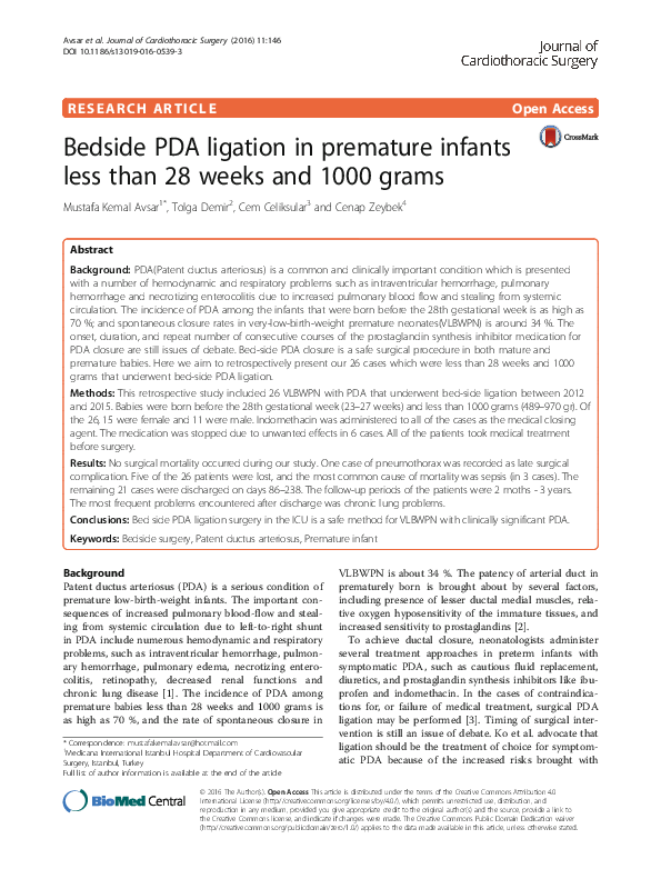 (PDF) Bedside PDA ligation in premature infants less than 28 weeks and ...