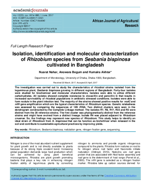 (PDF) Isolation, identification and molecular characterization of Rhizobium species from ...