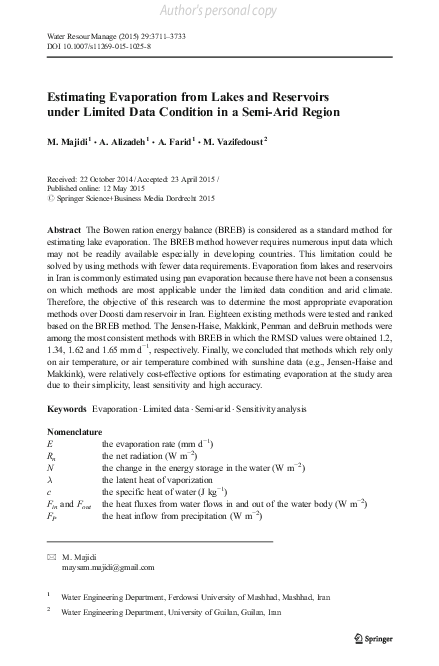 Pdf Estimating Evaporation From Lakes And Reservoirs Under Limited Data Condition In A Semi