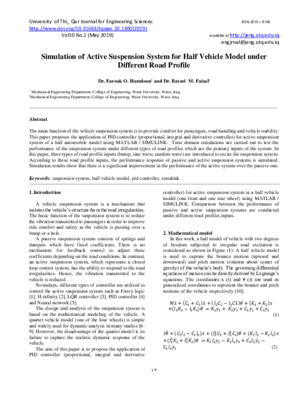 (PDF) Simulation of Active Suspension System for Half Vehicle Model ...