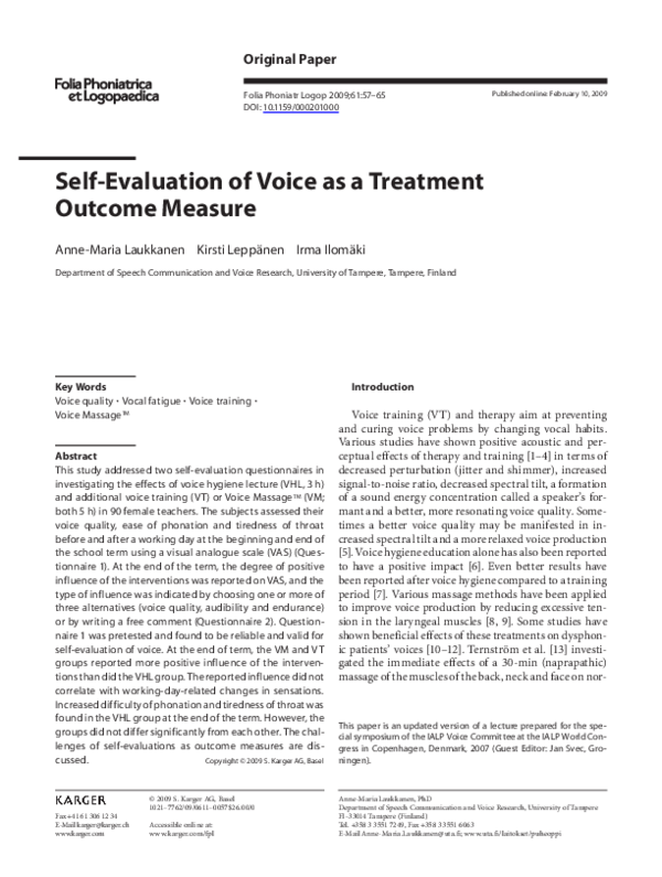 (PDF) Self-Evaluation of Voice as a Treatment Outcome Measure