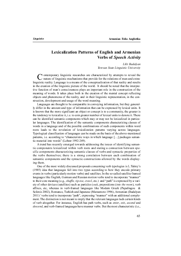 (PDF) Lexicalization Patterns of English and Armenian Verbs of “Speech Activity”