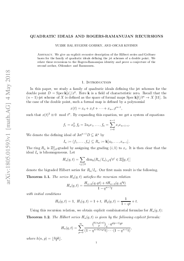 (PDF) Quadratic ideals and Rogers–Ramanujan recursions