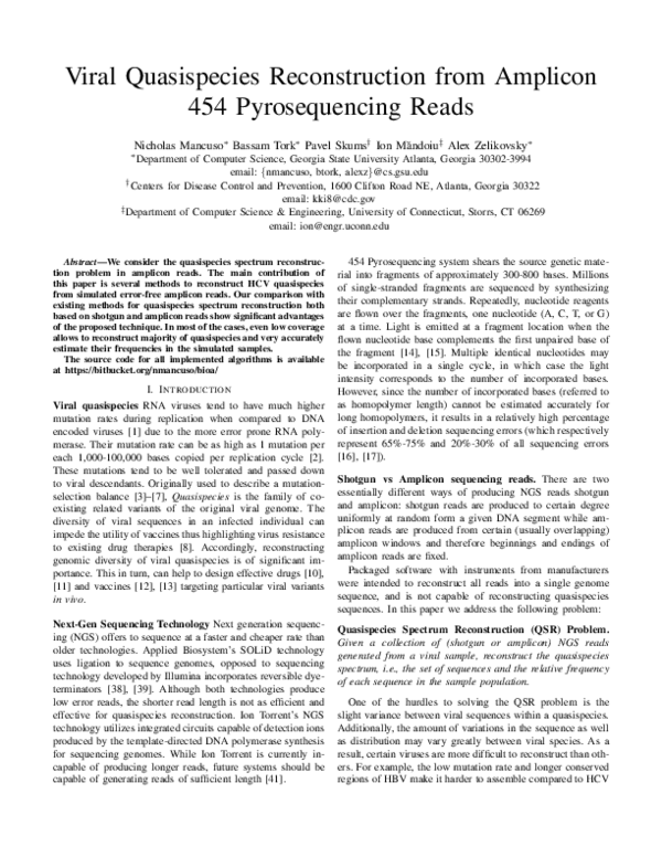 (PDF) Viral quasispecies reconstruction from amplicon 454 pyrosequencing reads