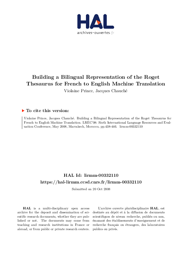 (PDF) Building a Bilingual Representation of the Roget Thesaurus for ...