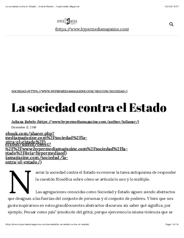 (PDF) "La sociedad contra el Estado". Por Juliana Rabelo. En Hypermedia ...