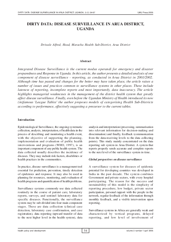 (PDF) Dirty Data : Disease Surveillance in Arua District , Uganda