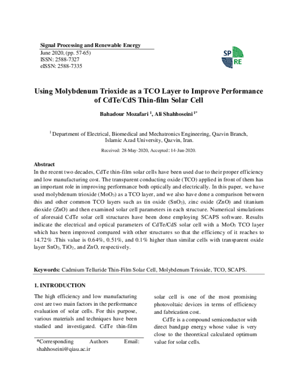 Pdf Using Molybdenum Trioxide As A Tco Layer To Improve Performance