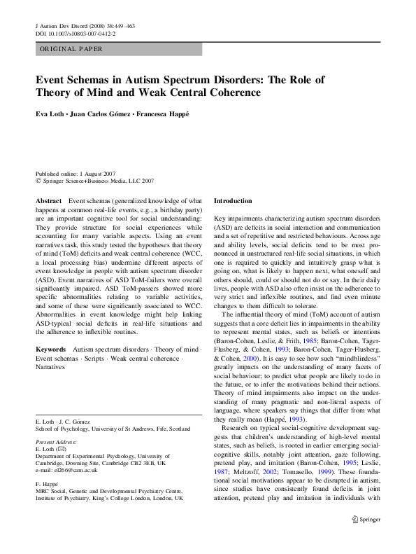 (PDF) Event Schemas in Autism Spectrum Disorders: The Role of Theory of ...
