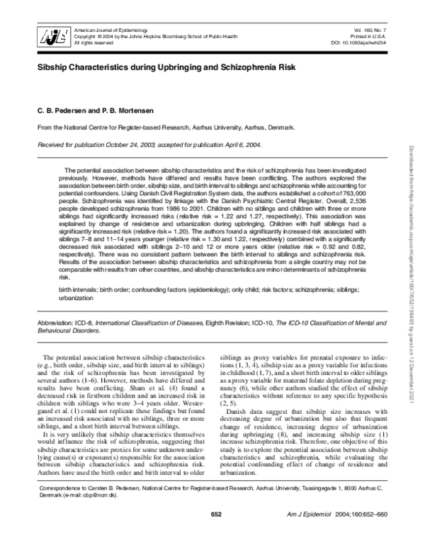 (PDF) Sibship Characteristics during Upbringing and Schizophrenia Risk